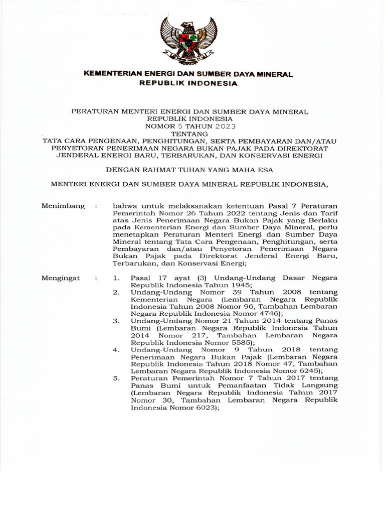 Permen ESDM 5-2023 PNBP EBTKE | PDF