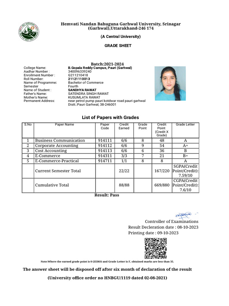 4th Result Httpsonline - Hnbgu.ac - Incbcs2021gradesheet2 | PDF
