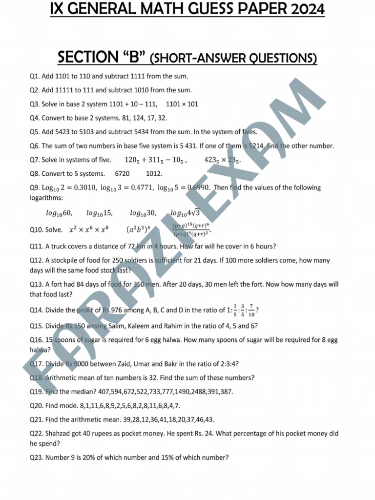 Ix General Math Guess Paper 2024 - Farazi Exam | PDF