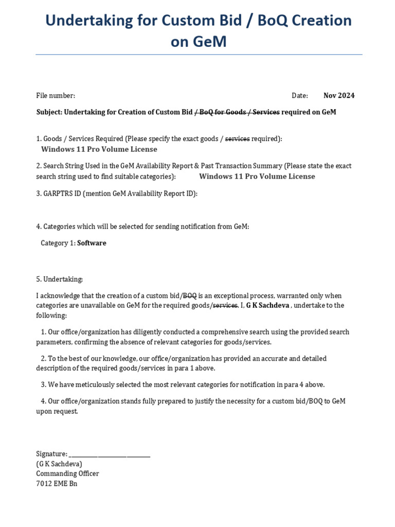 Undertaking Custom Bid BoQ | PDF