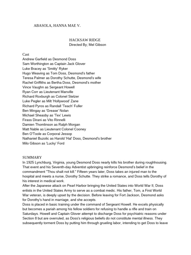 Abasola Hanna Mae v. (Hacksaw Ridge) | PDF | Hacksaw Ridge