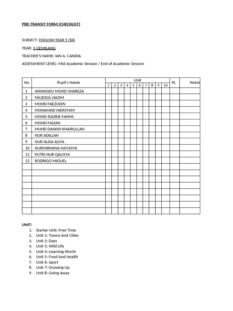 PBD Transit Form - Eng Year 5 (Checklist) | PDF | Learning | Behavior ...