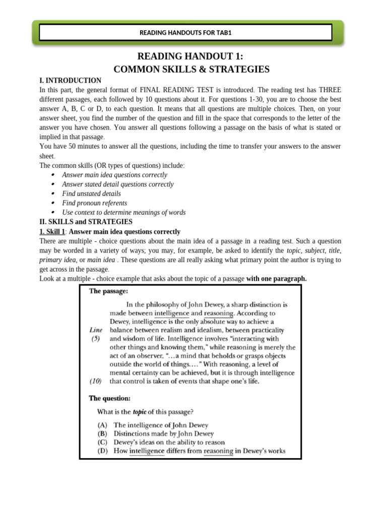 Reading Handout 1 - Common Skills & Strategies | PDF | Multiple Choice ...