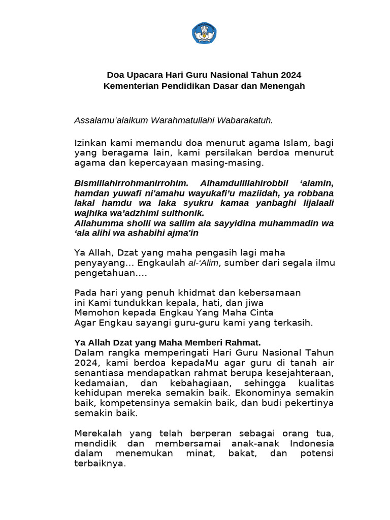 Doa Upacara Hari Guru Nasional 2024 | PDF