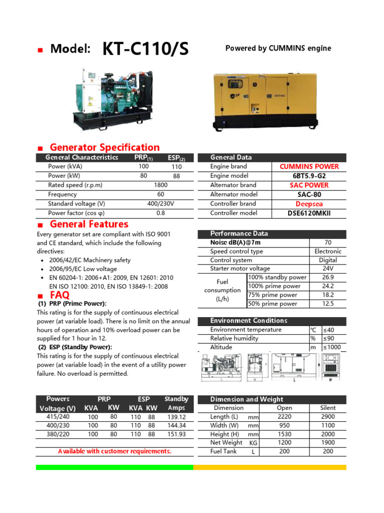 Cummins Generator KT-C110/S Specs | PDF | Electric Generator | Engines