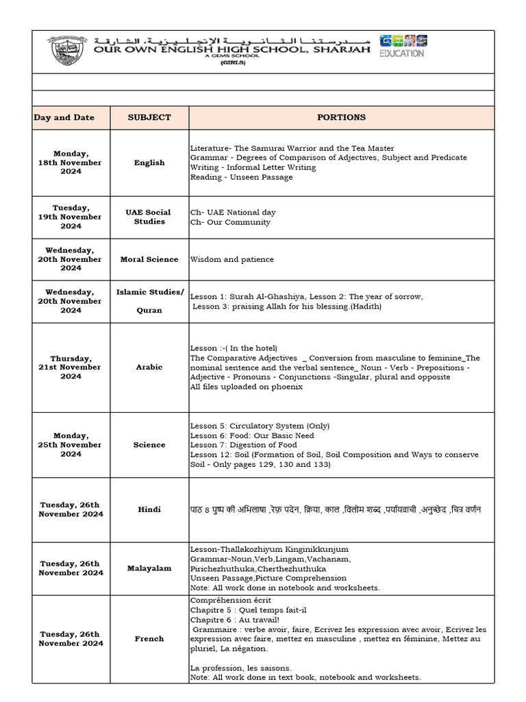 Timetable Portions PT2 G4 2024-25 | PDF | Grammatical Gender | Subject (Grammar)