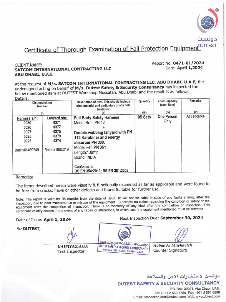 Full Body Harness and Rope Certificate | PDF
