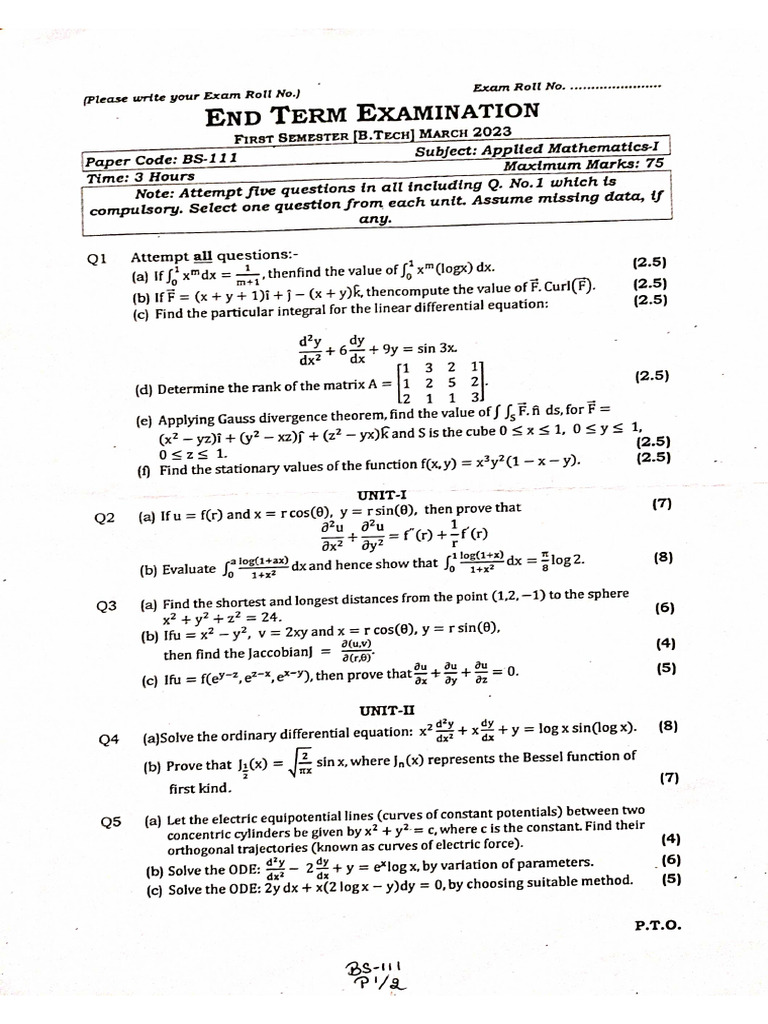 Maths March 2023 End Sem Question Paper | PDF