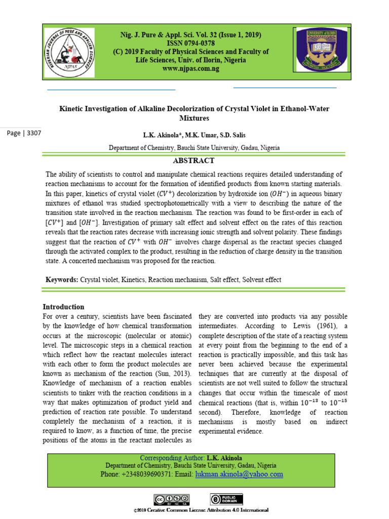 Kinetic Investigation of Alkaline Decolorization of Crystal Violet in ...