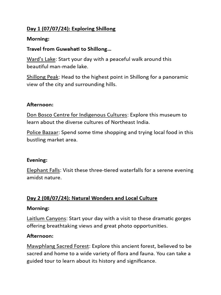 Shillong 4-Day Itinerary Guide | PDF