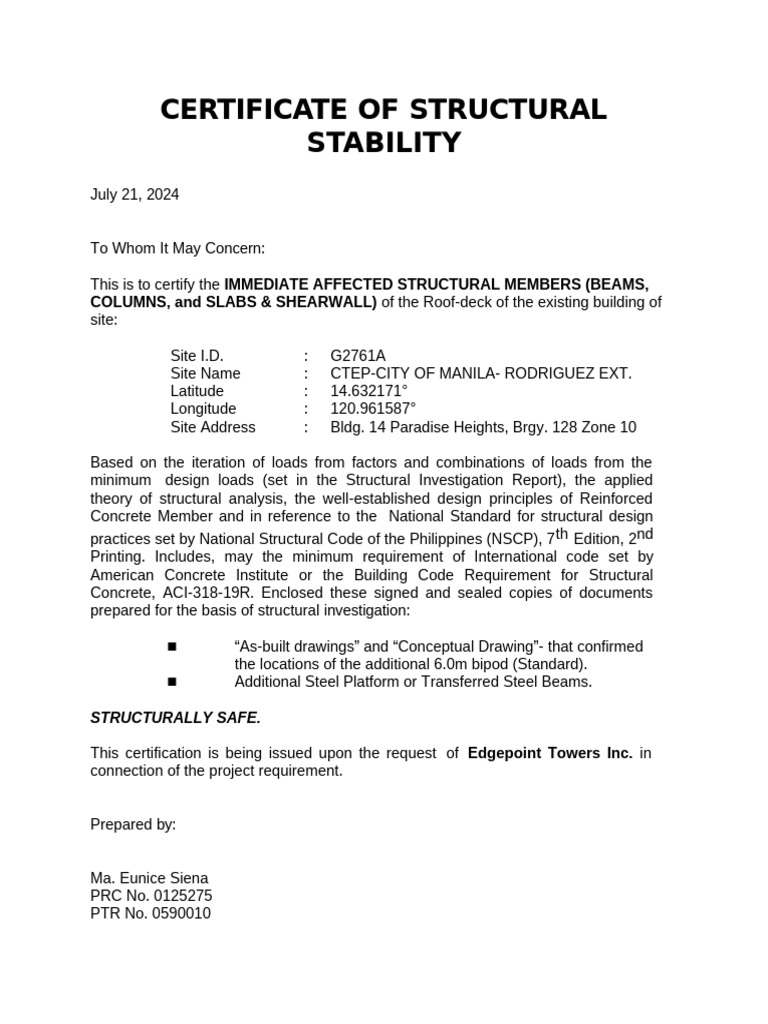 1.2 Certificate of Structural Stability | PDF