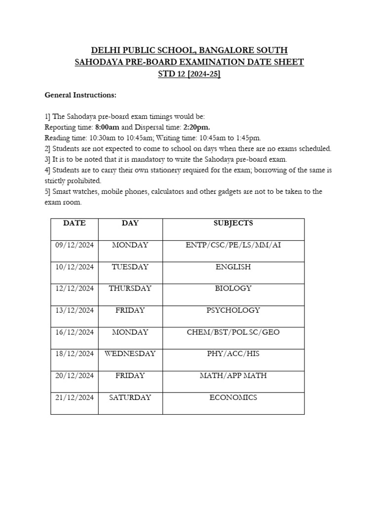 5654 Sahodaya Preboard Date Sheet 2024-25 | PDF