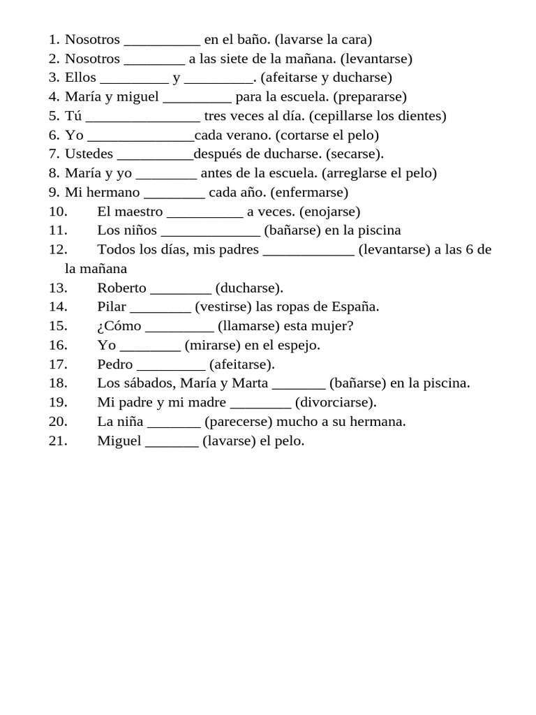 Ejercicios de Verbos Reflexivos y Uso de "Muy" y "Mucho" | PDF