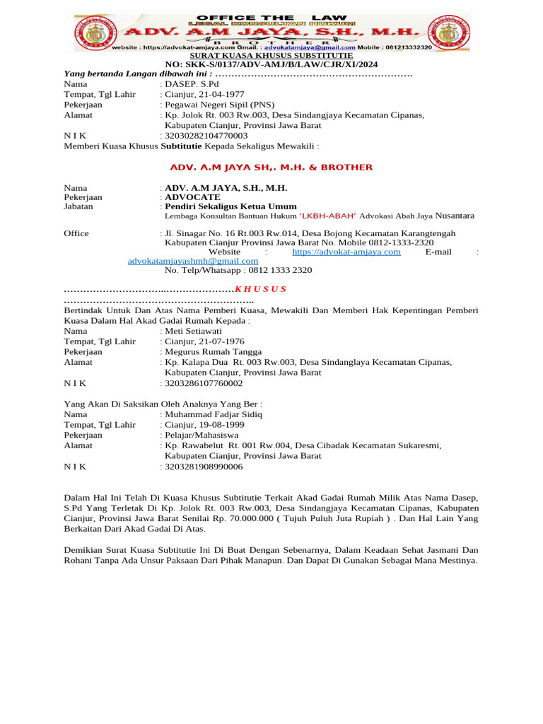 Surat Kuasa Khusus Substituti1e Akad Gadai Dasep | PDF