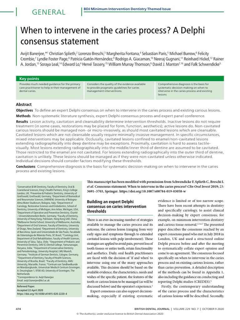 When To Intervene in The Caries Process A Delphi Consensus Statement ...