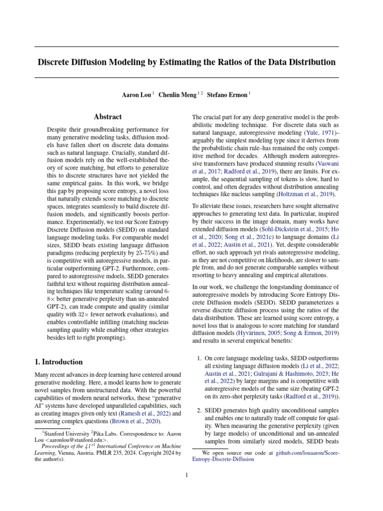 2024 ICML Discrete Diffusion Modeling by Estimating The Ratios of The Data Distribution | PDF ...
