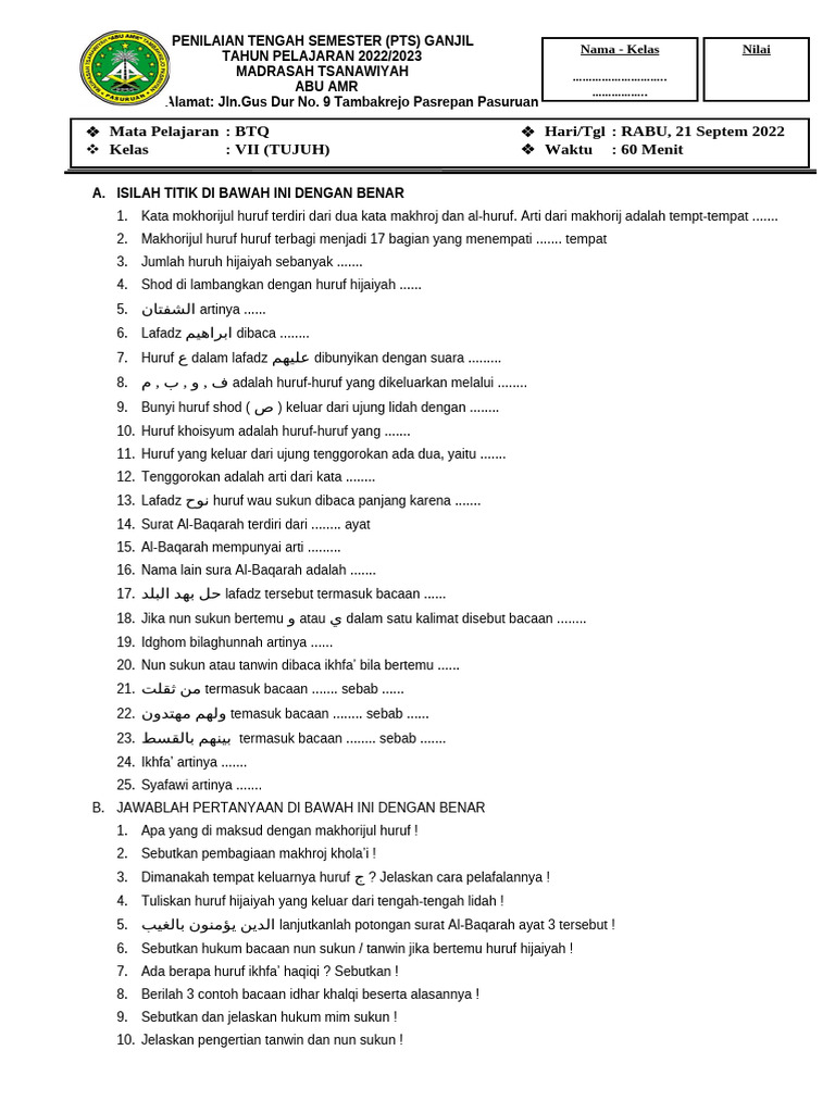 Pts Ganjil Mapel BTQ Kelas-1 | PDF
