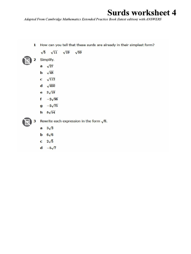 Surds Worksheet 4 - With Answers - 4e6ef01f D2e9 4b2a 8f89 d79d74b5938b | PDF