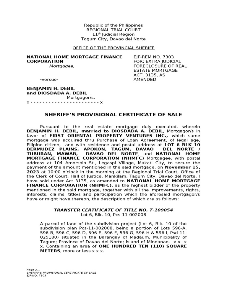 Sheriff's Provisional Certificate of Sale | PDF | Mortgage Law | Mortgages