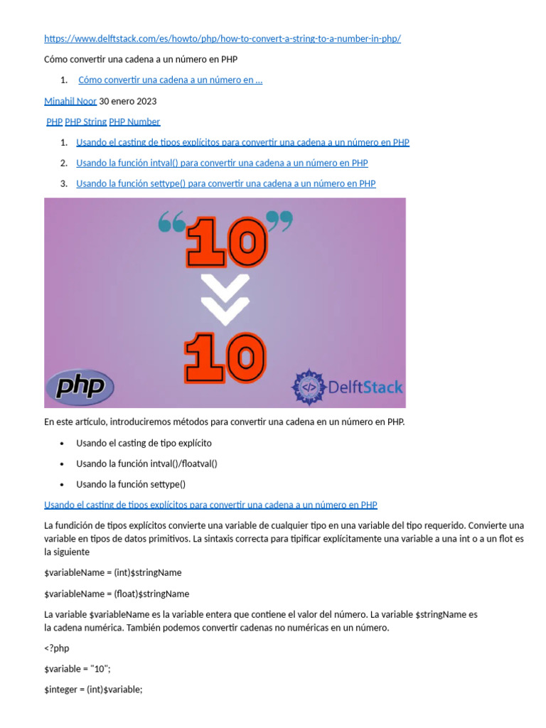 PHP - Convertir Una Cadena A Un Número - Delft Stack | PDF | Variable (informática) | Tipo de datos