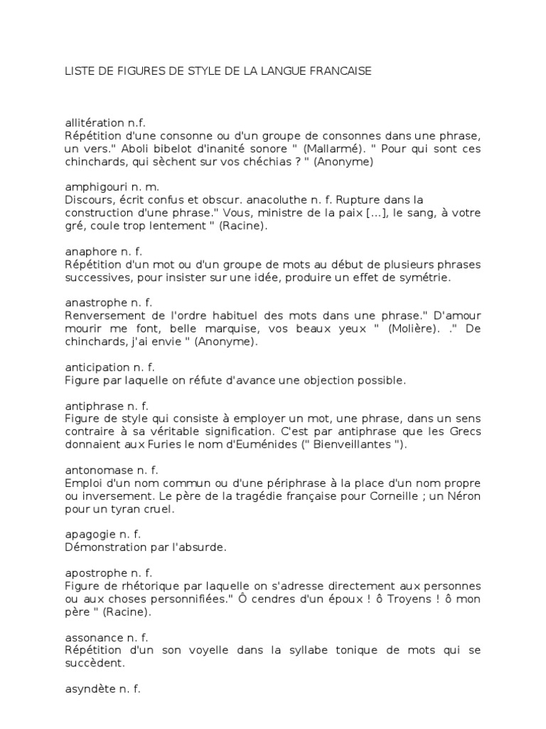Liste des Figures de Style Françaises | PDF | Phrase | Rhétorique