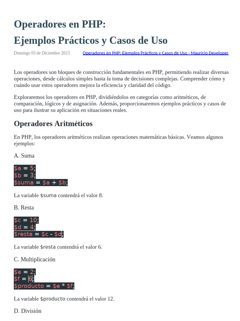 PHP - OPERADORES - Ejems Prácticos - Mauricio Developer | PDF | División (Matemáticas) | Php