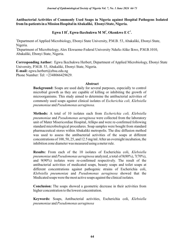 Journal of Epidemiological Society of Nigeria Vol. 7, No. 1 2024 64-73 June | PDF ...