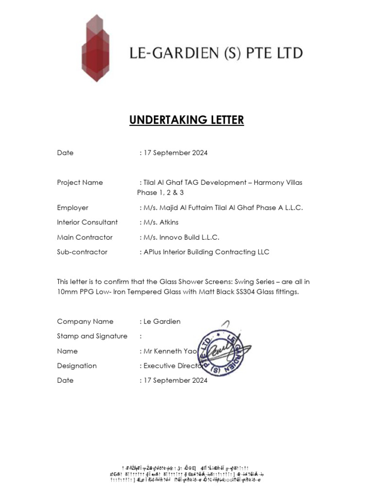 Undertaking Letter for Glass Shower Screens | PDF