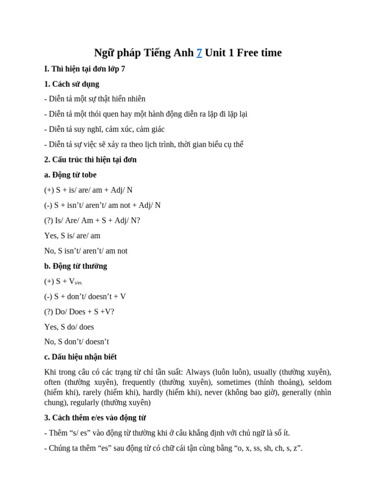Ngu Phap Tieng Anh 7 Unit 1 Free Time | PDF