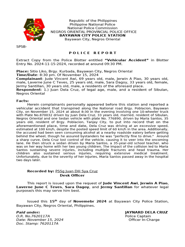 Police Report Juan de La Cruz | PDF | Road Safety | Vehicles