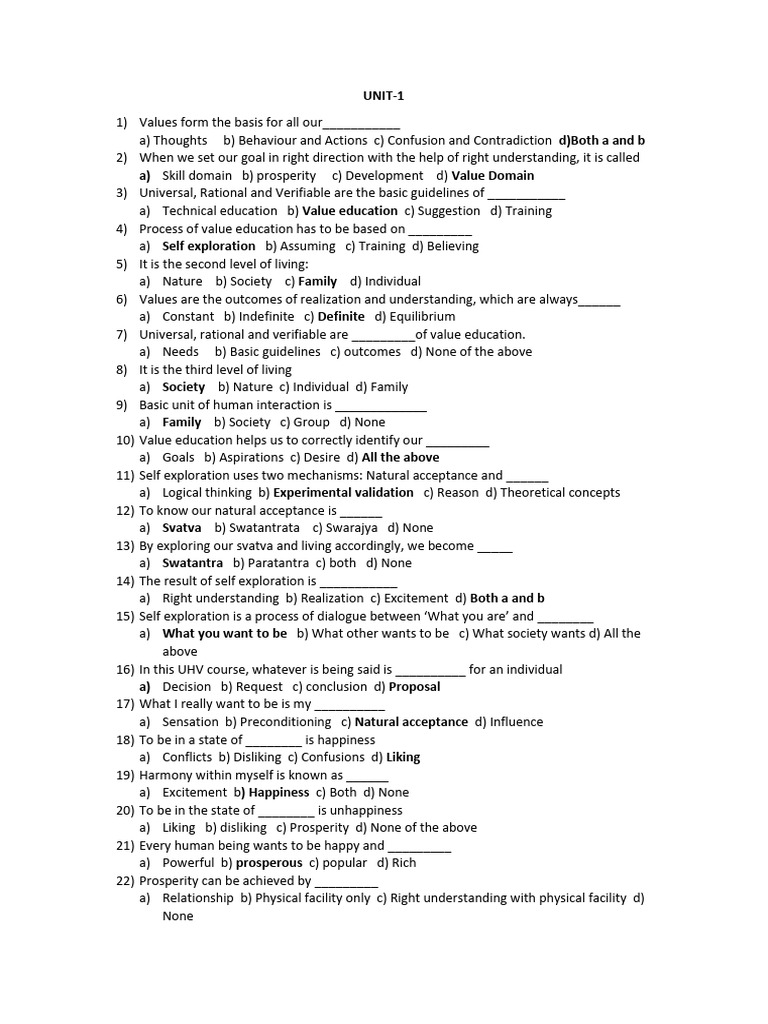 UHV MCQs | PDF | Rationality | Happiness