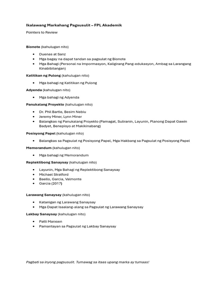 Ikalawang Markahang Pagsusulit Pointers FPL | PDF