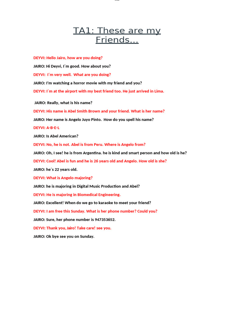 Dialogo TA1 Ingles | PDF