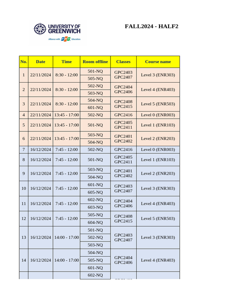 FALL2024 - HALF2 - EXAM SCHEDULE - ENG - Updated - Students | PDF | Reading Comprehension ...