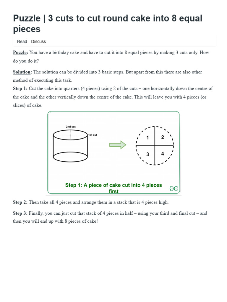 Puzzle - 3 Cuts To Cut Round Cake Into 8 Equal Pieces - GeeksforGeeks | PDF