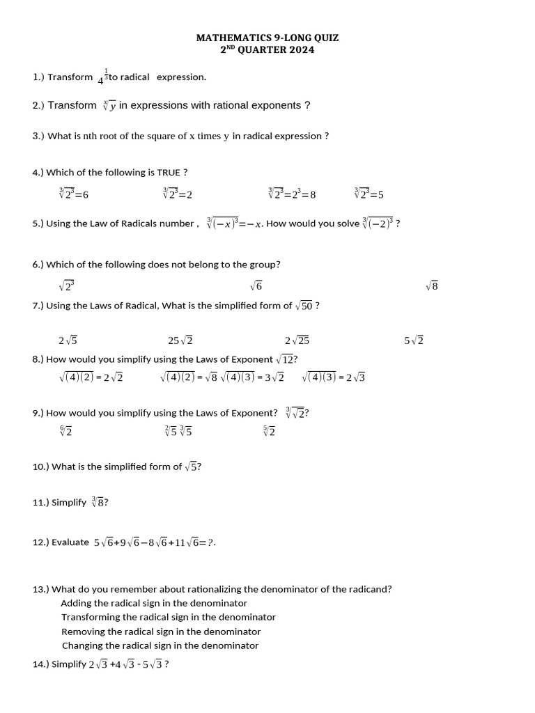 Math-9-Second Grading 2023 - Quiz | PDF