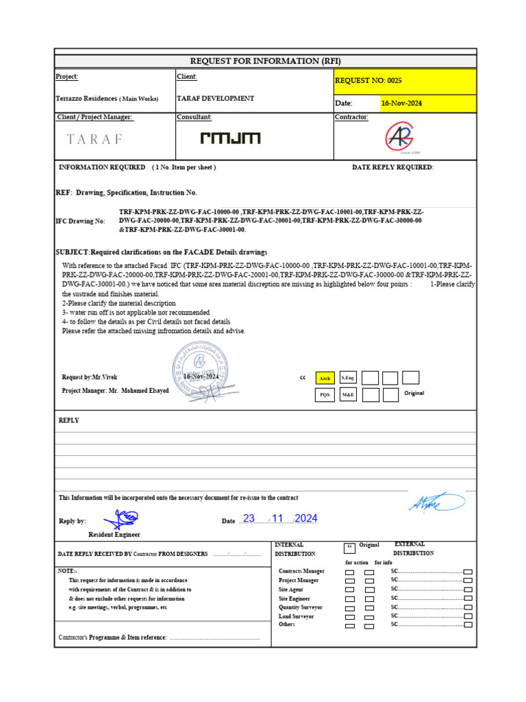 RFI-0025 - Required Clarification On The Facade Details Drawings - Reply | PDF | Building ...