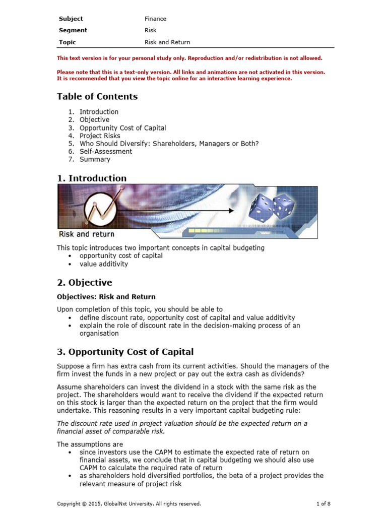 Risk and Return | PDF | Diversification (Finance) | Cost Of Capital