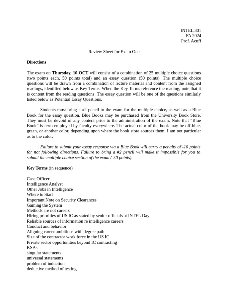 INTEL 301 Exam One Review Sheet | PDF | Falsifiability | Science