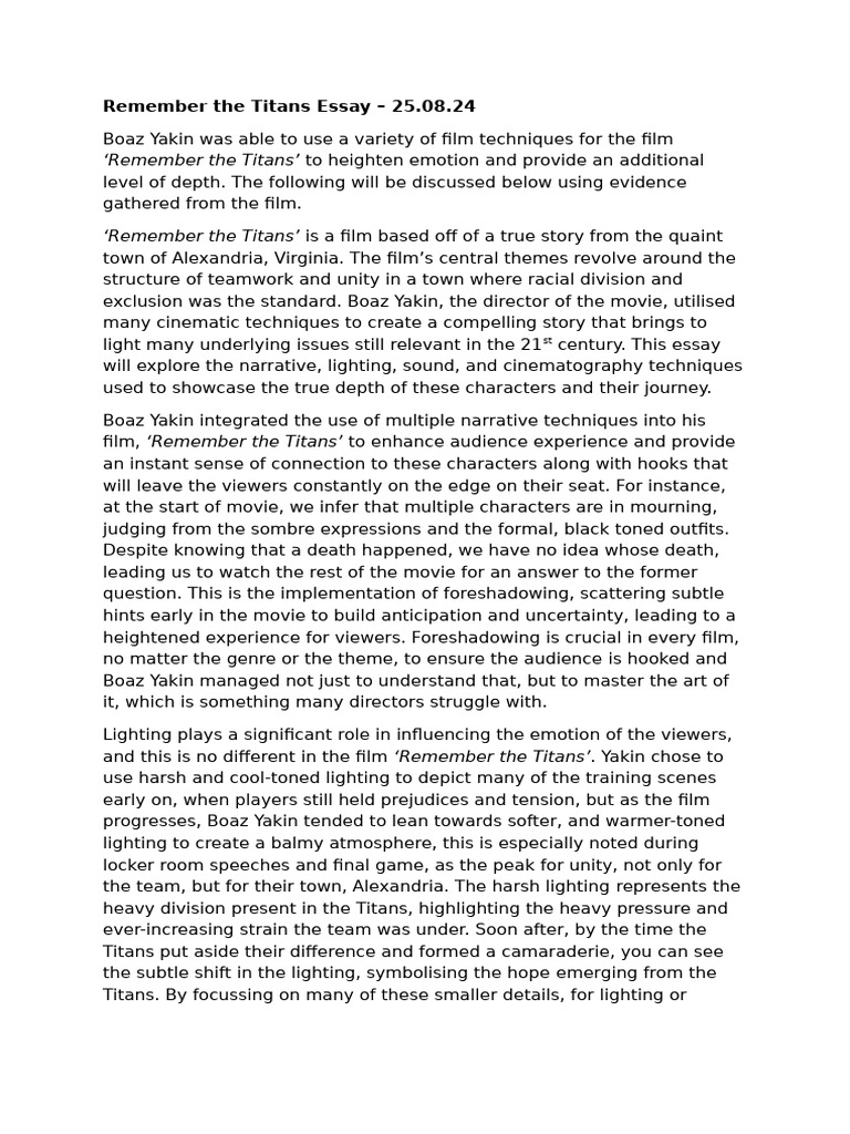 Remember The Titans Essay | PDF | Cinematography