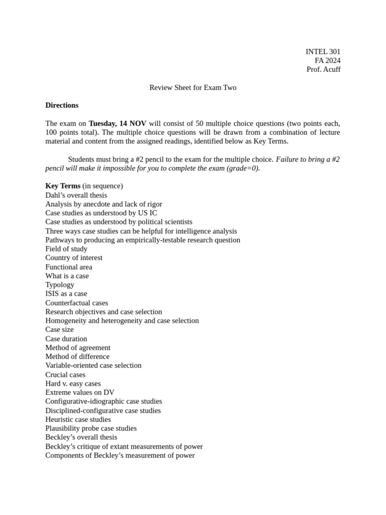 INTEL 301 Exam Two Review Sheet | PDF | Sociology | Causality
