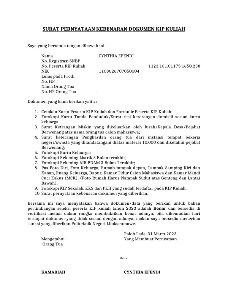 Surat Pernyataan Kebenaran Dokumen Kip Kuliah | PDF