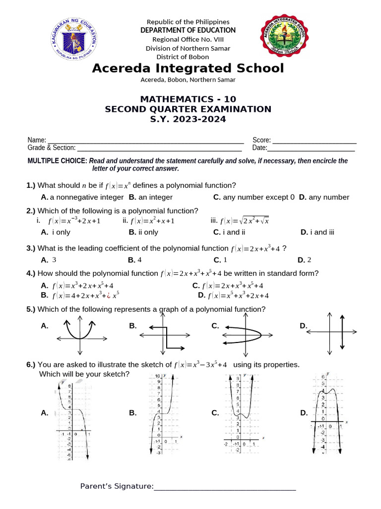 Northern Samar Math 10 Exam 2023-2024 | PDF | Circle | Angle