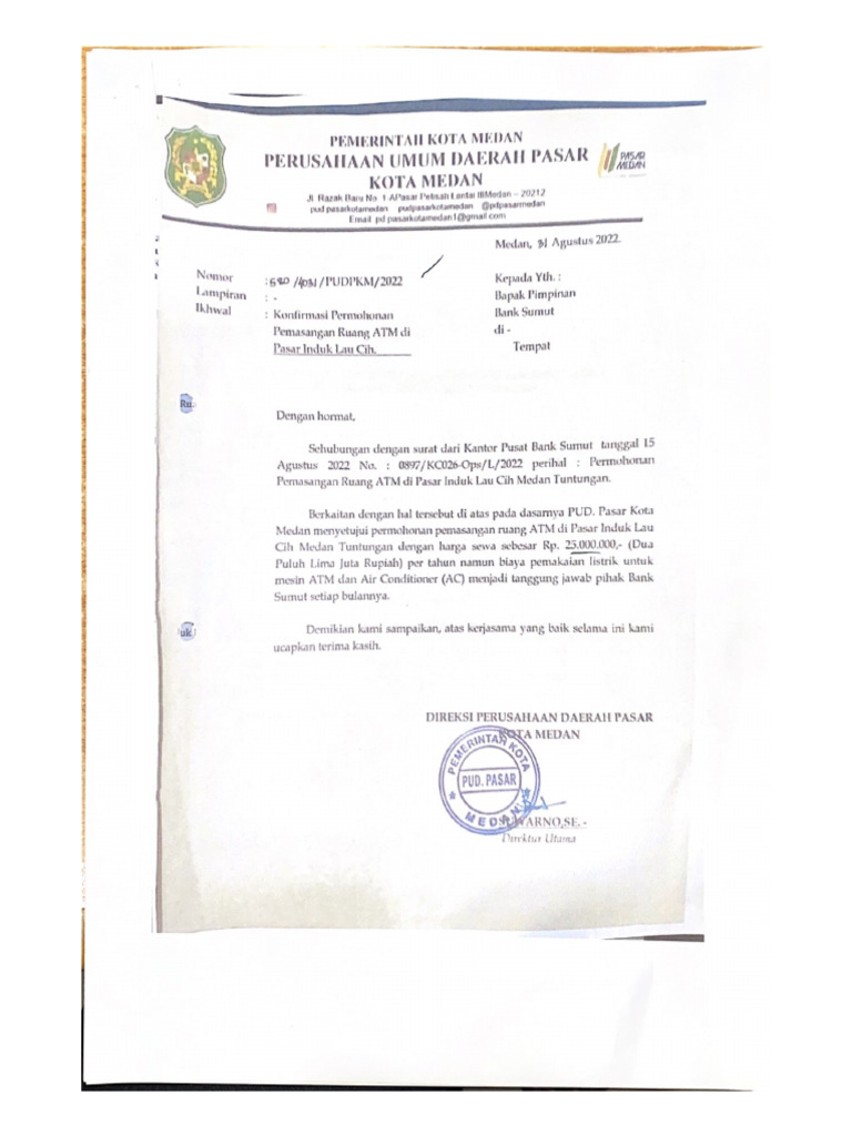 Surat Surat Pendukung Penempatan Mesin ATM Di Pasar Induk Lau Cih | PDF