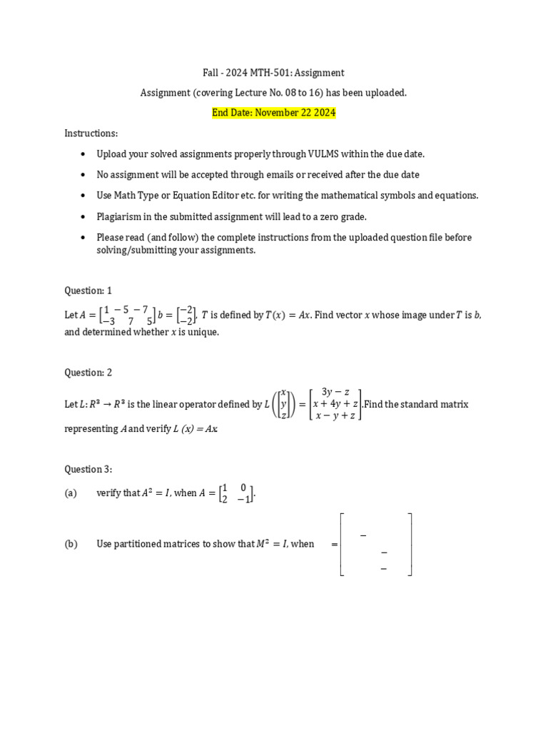 Fall 2024 MTH 501 Assignment File Section Rahib Raza | PDF