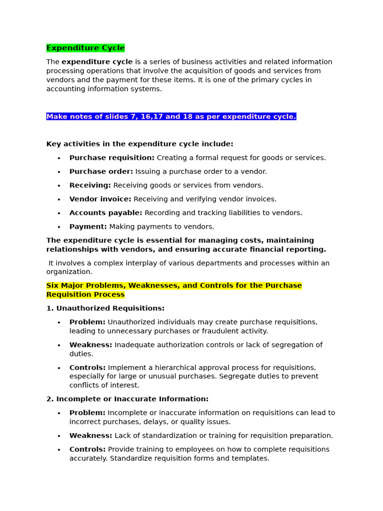 Expenditure Cycle: Key Processes & Controls | PDF | Accounts Payable ...