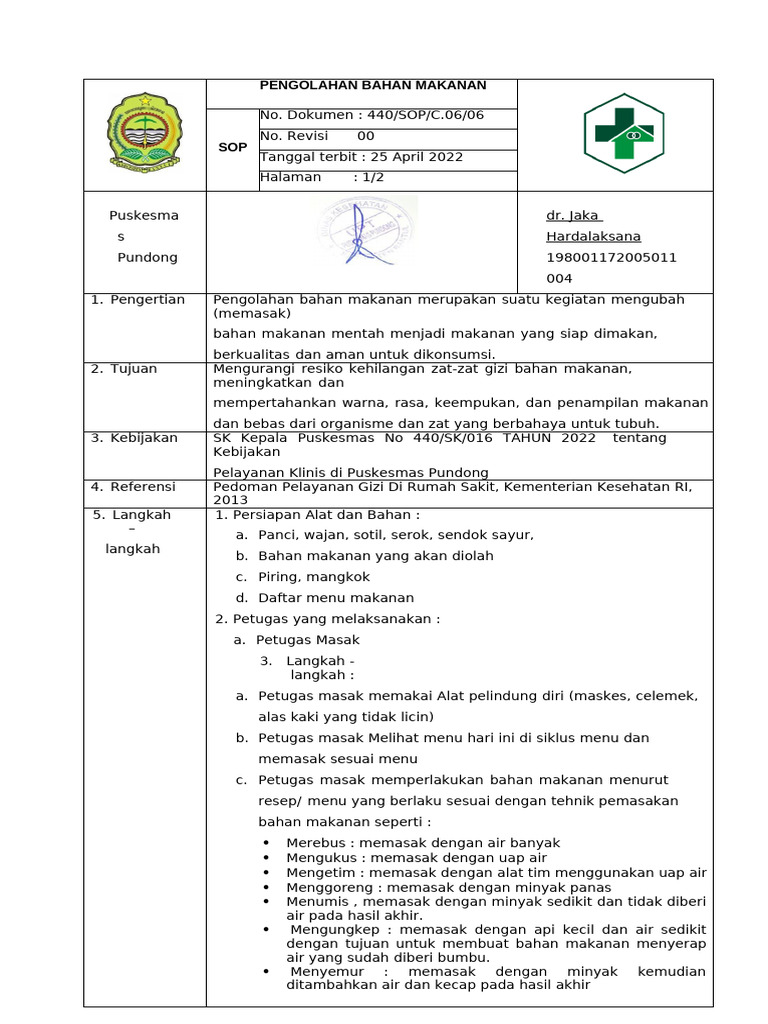 6 Sop Pengolahan Bahan Makanan | PDF