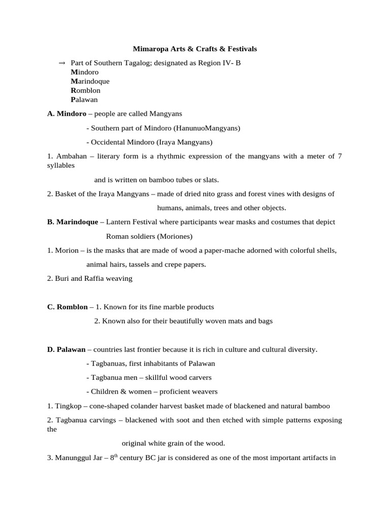 MIMAROPA Arts & Crafts & Festivals Handout | PDF