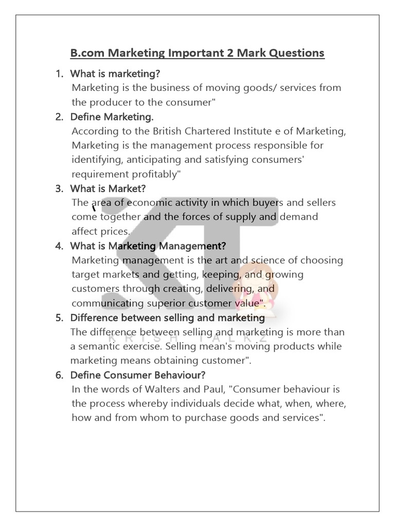 Marketing Important 2 Mark Questions - KT | PDF | Marketing | Pricing