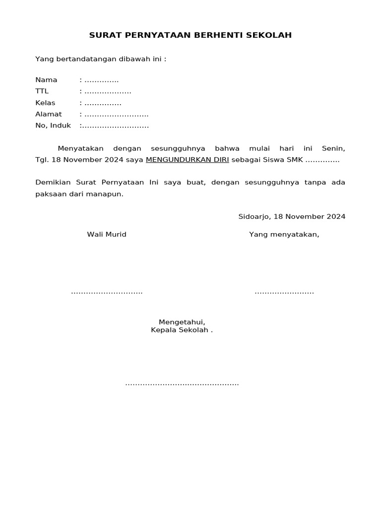 Surat Pernyataan Berhenti Sekolah | PDF